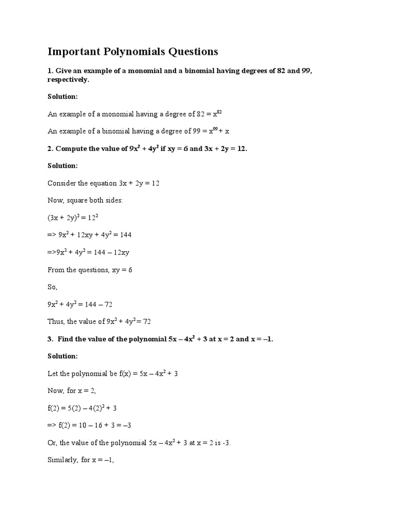 Important Polynomials Questions | PDF | Polynomial | Elementary Mathematics