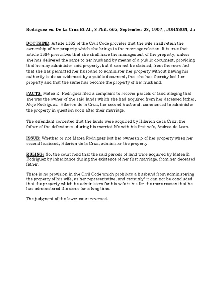 Rodriguez vs. de La Cruz Et Al., 8 Phil. 665, September 28, 1907 | PDF