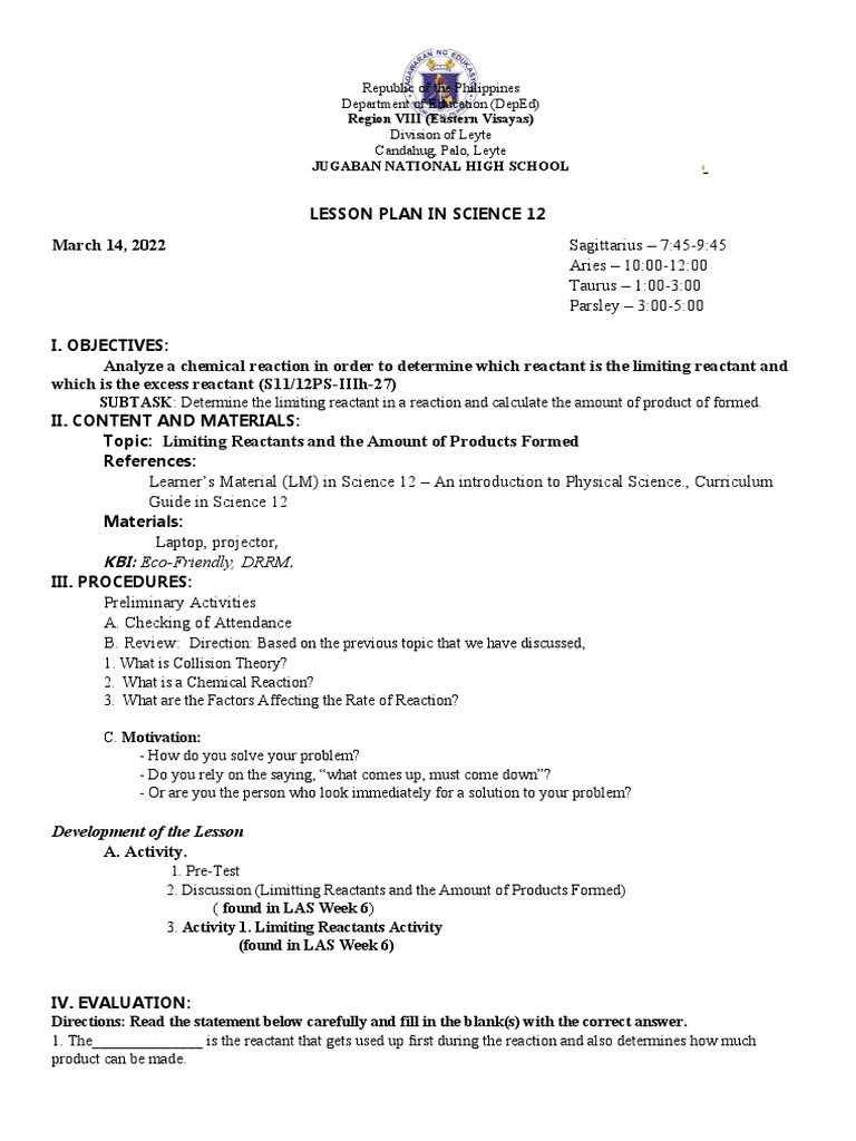 DepEd Science Lesson Plan on Limiting Reactants | PDF | Physical ...