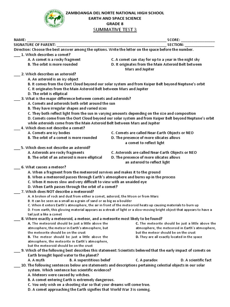 Grade 8 Earth and Space Science Test | PDF | Meteoroid | Asteroid