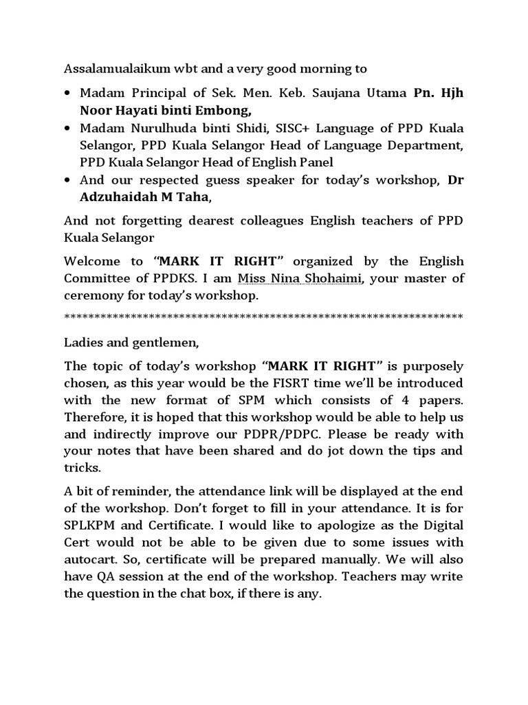 Teks MC English Workshop | PDF