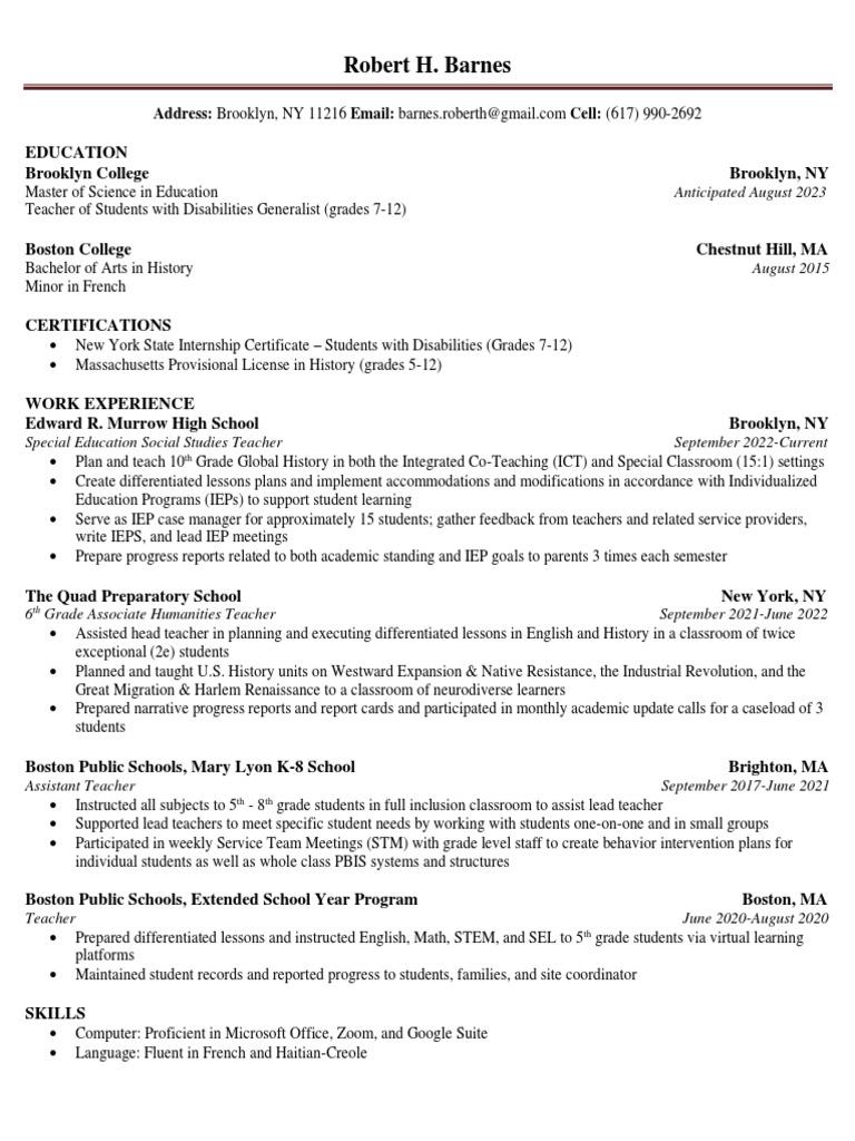 Robert Barnes Teacher Resume 2023 | PDF | Teachers | Individualized Education Program