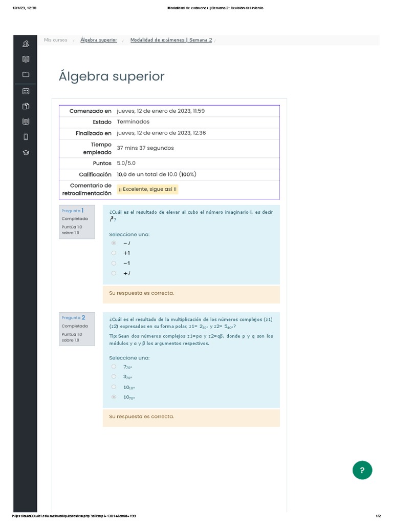 Modalidad de Exámenes - Semana 2 - Algebra Superior - Revisión Del Intento | PDF | Número ...