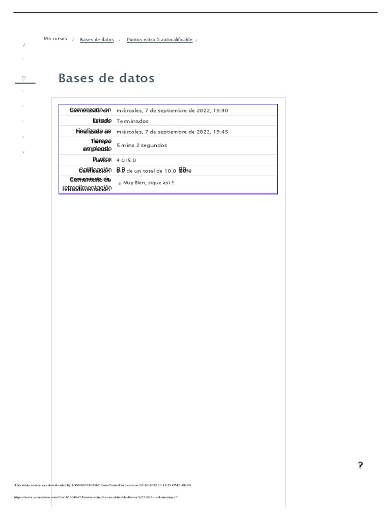 Puntos Extra 5 Autocalificable Revisi N Del Intento PDF | PDF | SQL | Programación de computadoras