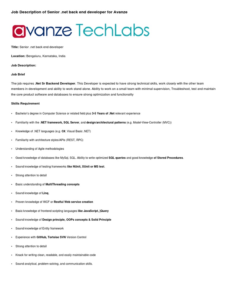 Senior .Net Back End Developer | PDF | Representational State Transfer | Databases