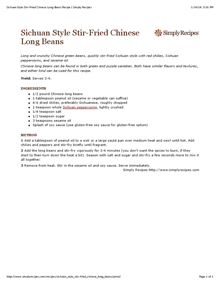Sichuan Stir-Fried Long Beans Recipe | PDF | Cooking, Food & Wine