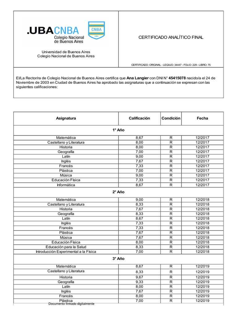 Certificado analítico final Colegio Nacional de Buenos Aires | PDF | Science