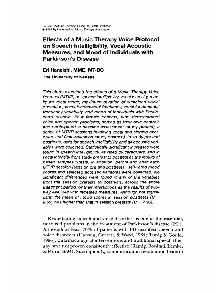 Effects of A Music Therapy Voice Protocol On Speech Intelligibility ...