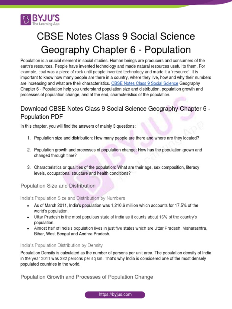 CBSE Notes Class 9 Social Science Geography Chapter 6 Population | PDF ...