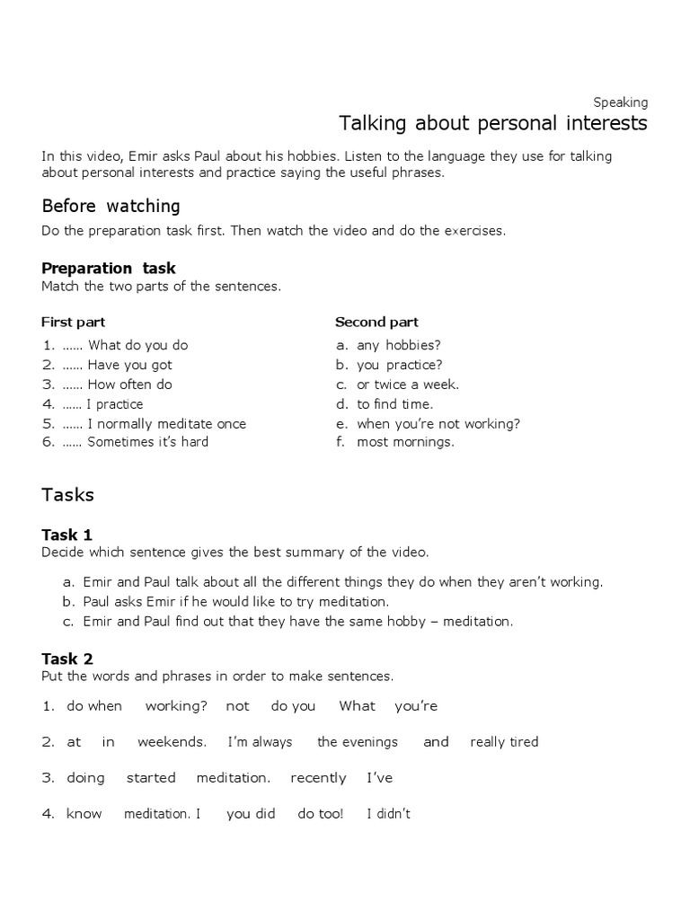 Speaking 1 - Talking About Personal Interests | PDF