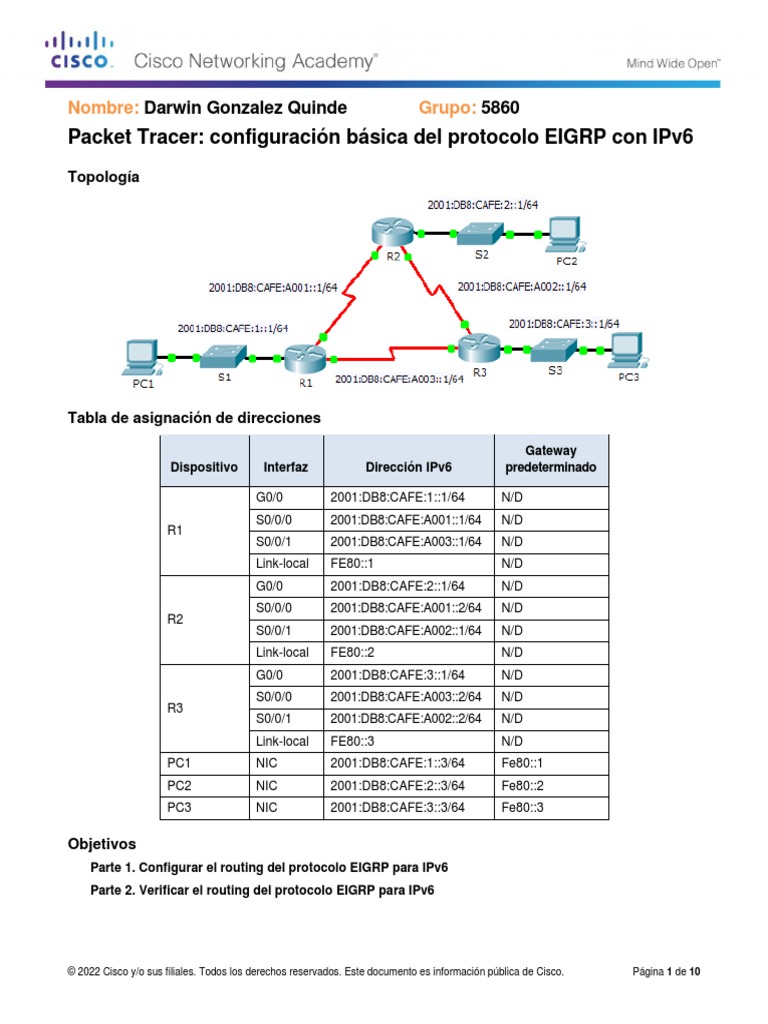 Packet Tracer - Configuring Basic EIGRP With IPv6 Routing Instructions - Darwin - Gonzalez ...