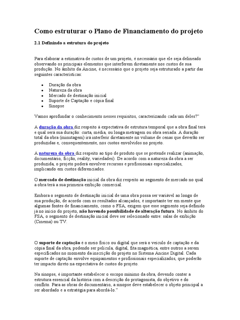 Como Estruturar o Plano de Financiamento Do Projeto | PDF | Documentário | Mercado (economia)