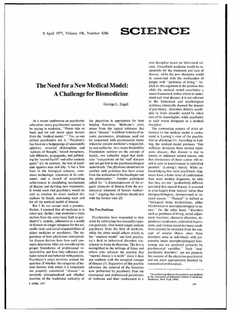 (Engel, 1977) - The Need For A New Medical Model | PDF