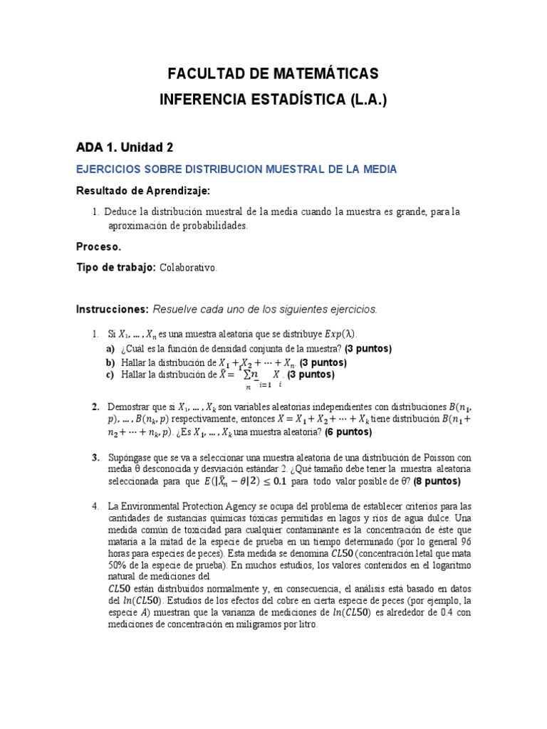 U2 - ADA 1. Ejercicios Sobre Distribución Muestral de La Media | PDF | Media | Muestreo ...