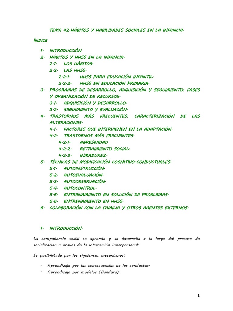 Tema 42. Hábitos y HHSS Infancia-1 | PDF | Aprendizaje | Comportamiento