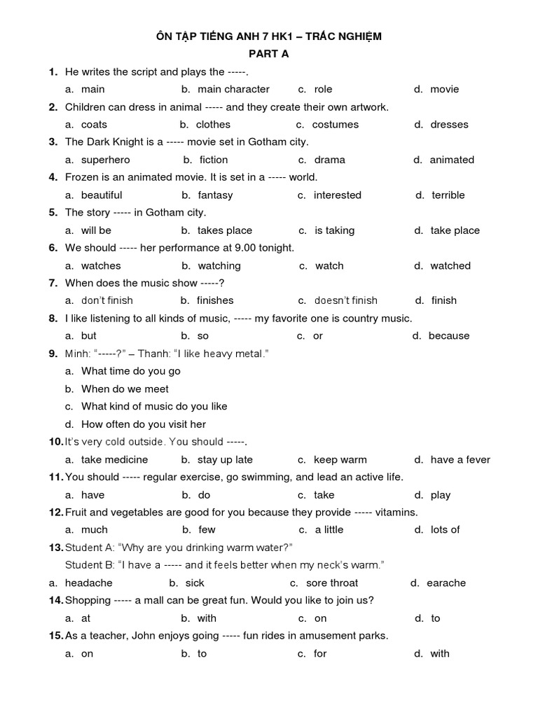 B - ÔN TẬP TIẾNG ANH 7 HK1 TRAC NGHIEM | PDF