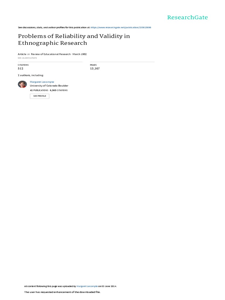 Problems of Reliability and Validity in Ethnograph | PDF | Ethnography | Validity (Statistics)
