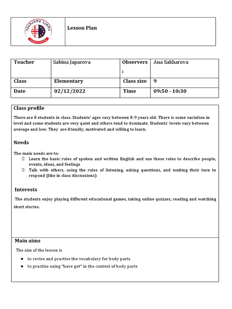 Sabina Japarova - Grade 2 - Lesson Plan 2022 | PDF | Lesson Plan ...