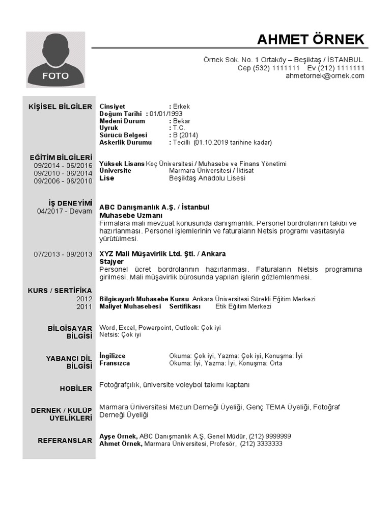 Yeni Mezun CV Ornegi TR 16 | PDF