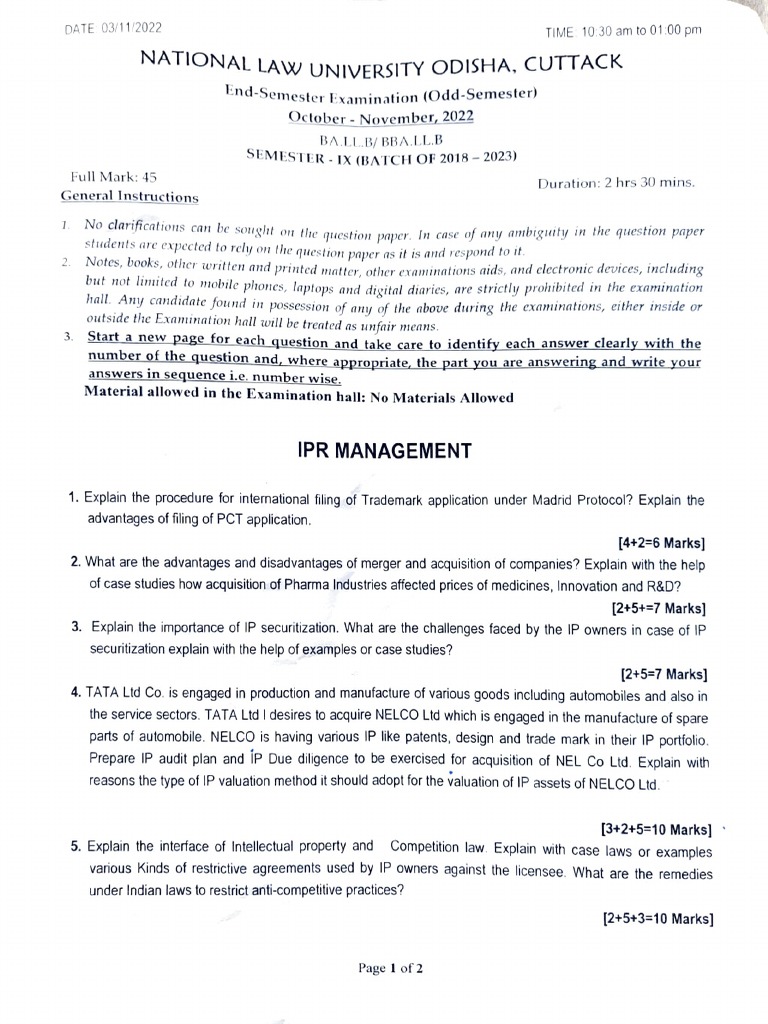 IPR Question Paper | Download Free PDF | Intellectual Property ...