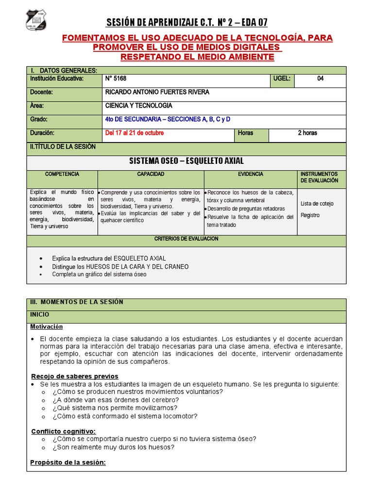 Sesión De Aprendizaje 2 4to Sistema Oseo I Pdf Esqueleto Hueso
