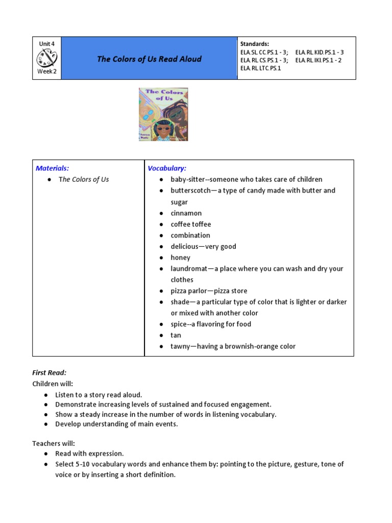 Read Aloud The Colors of Us | PDF | Vocabulary | Cognitive Science