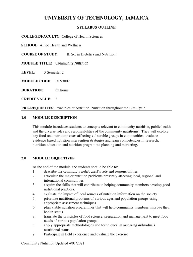 Community Nutrition Module Syllabus Update2021 | PDF | Evaluation | Communication