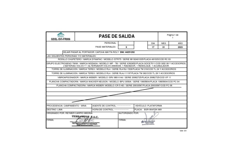 Pase De Salida De Materiales 170123 Grover Pdf