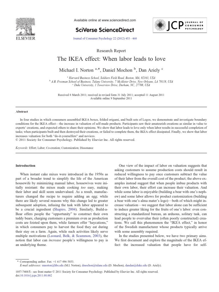 1 The Ikea Effect Study 1 Pdf Psychology Psychological Concepts