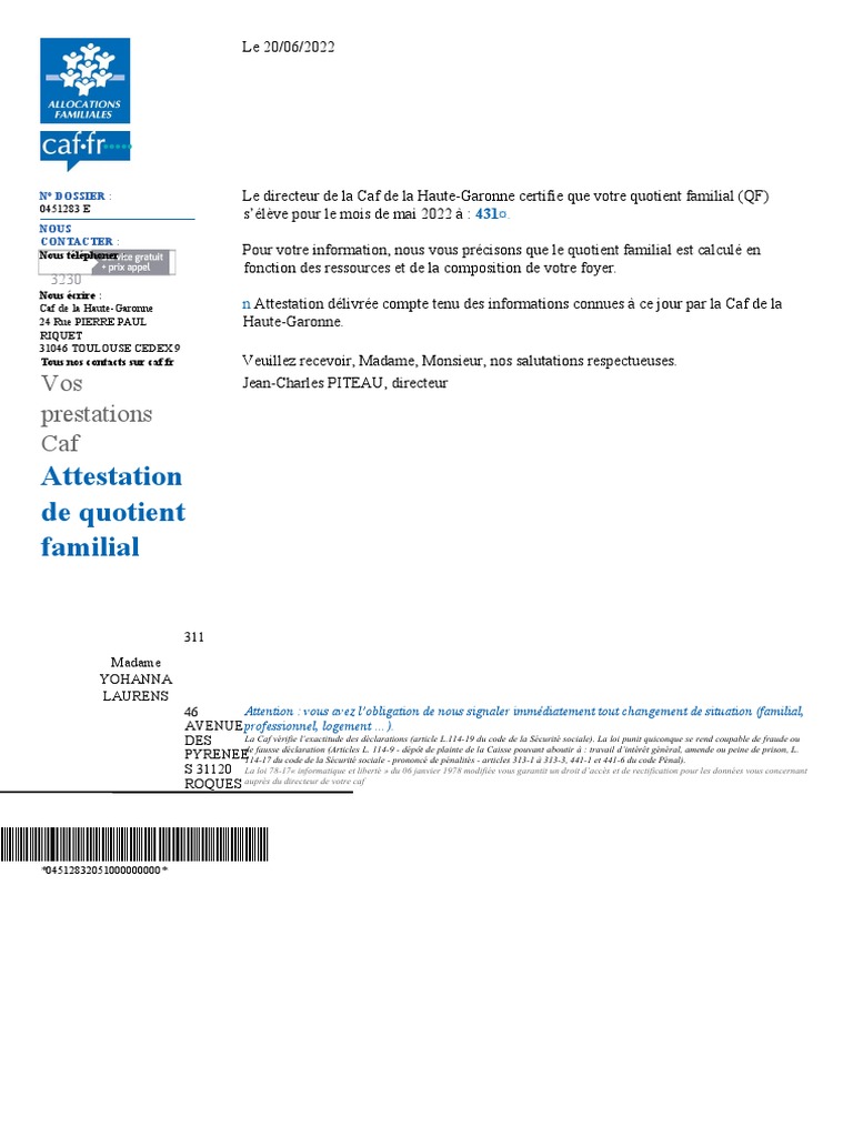 Attestation de Quotient Familial: Vos Prestations Caf | PDF | Finance ...