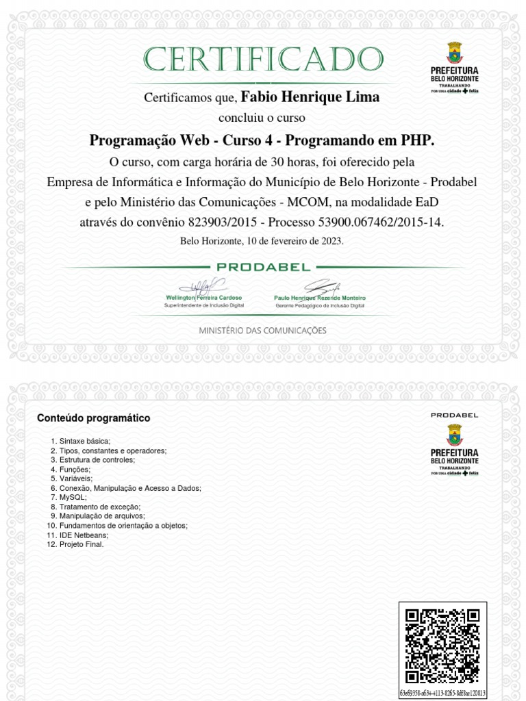 Programação Web Curso 4 Programando Em Php Certificado Php Pdf