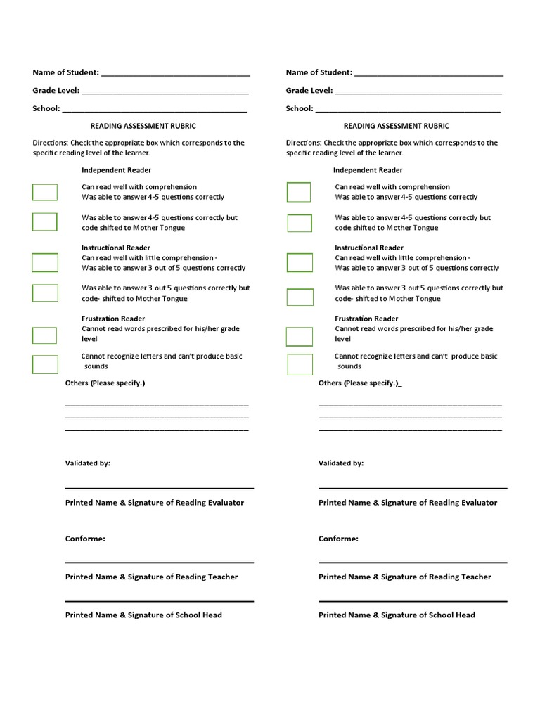 Form 1 Reading Assessment Rubric | PDF | Reading Comprehension | Rubric ...