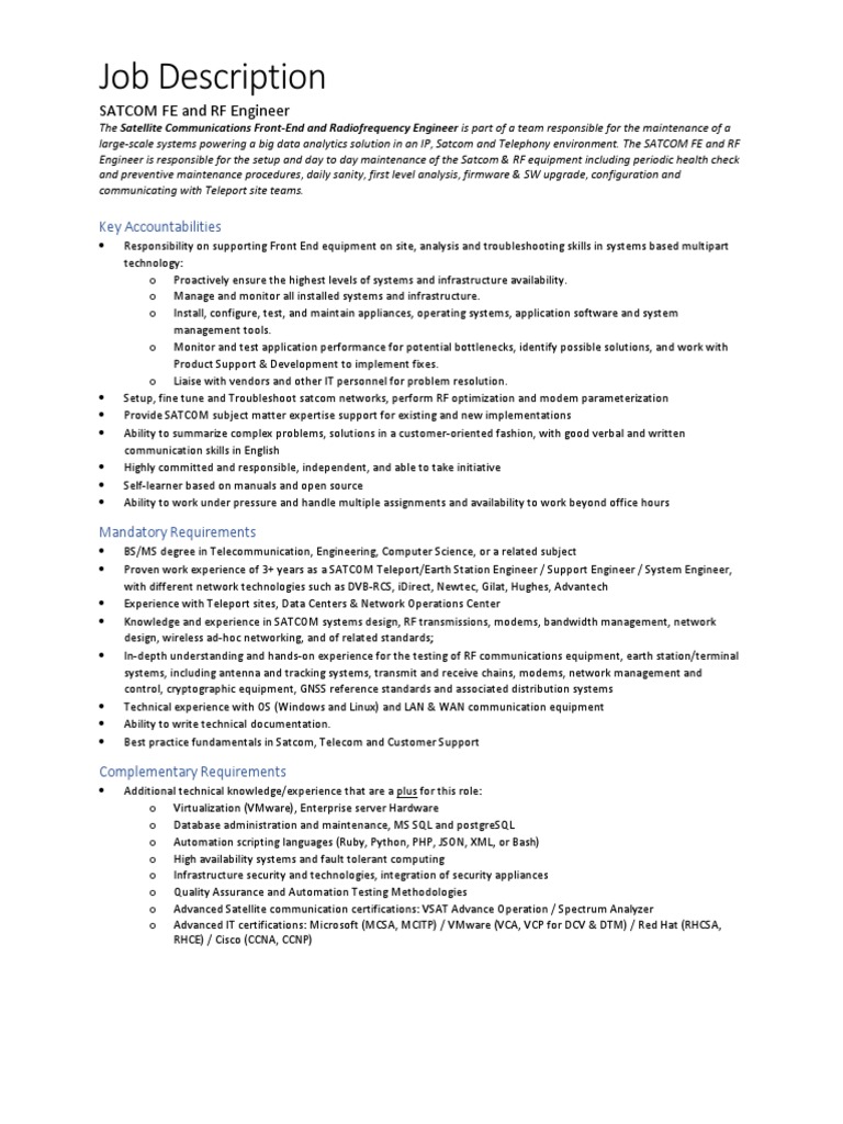 SATCOM RF Engineer Job Description | PDF | Communications Satellite ...