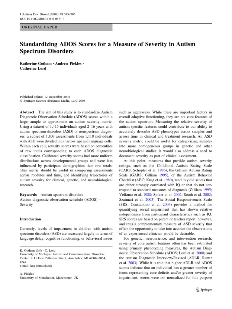 Standardizing ADOS Scores For A Measure of Severity in ASD | PDF ...