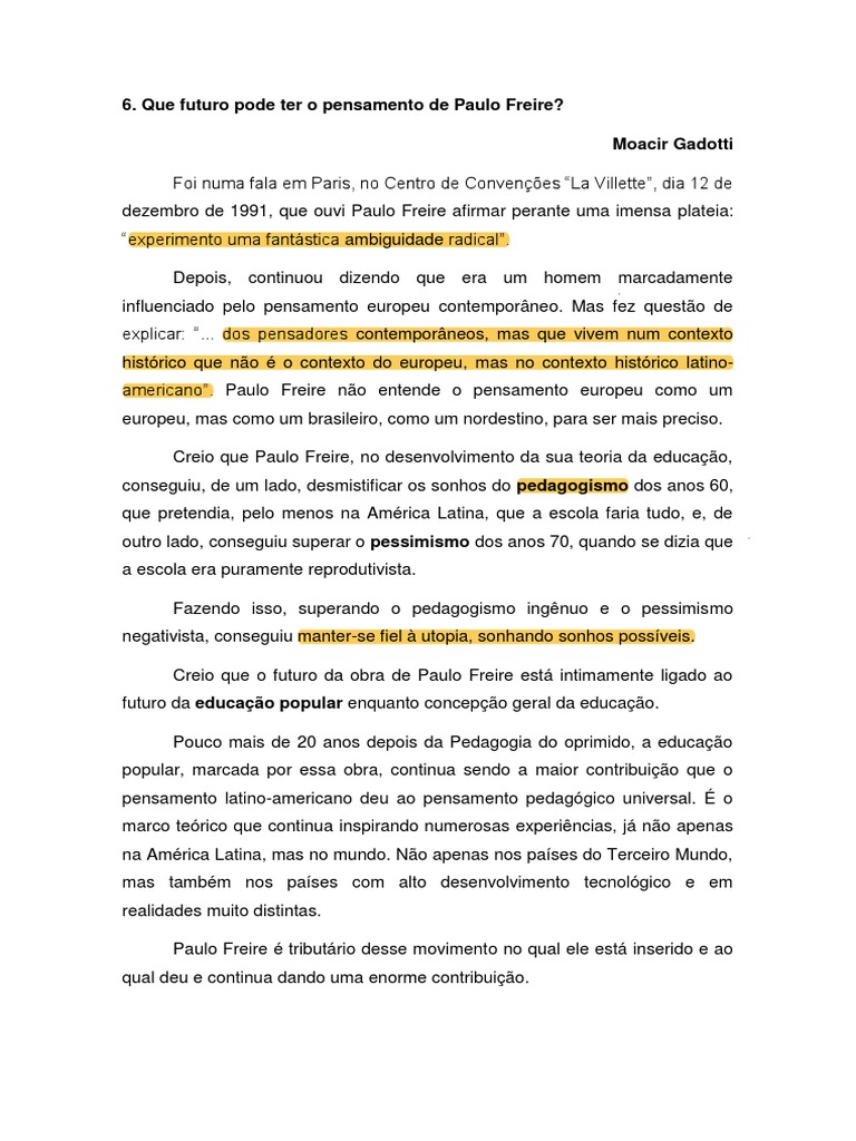 Artigo Gadotti - Que Futuro Pode Ter o Pensamento de Paulo Freire | PDF ...