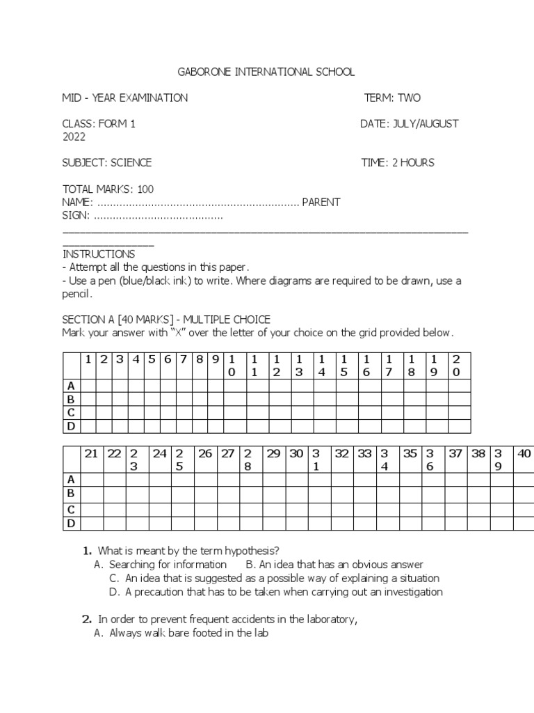 FORM 1 Science Mid Year Examination | PDF | Liquids | Water