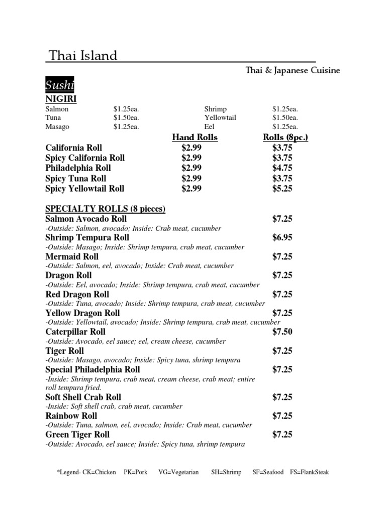 Thai Island Menu | PDF | Curry | Sushi