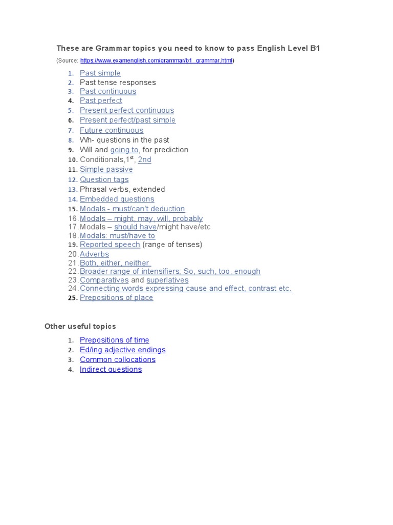 Grammar Checklist For B1 Students | PDF