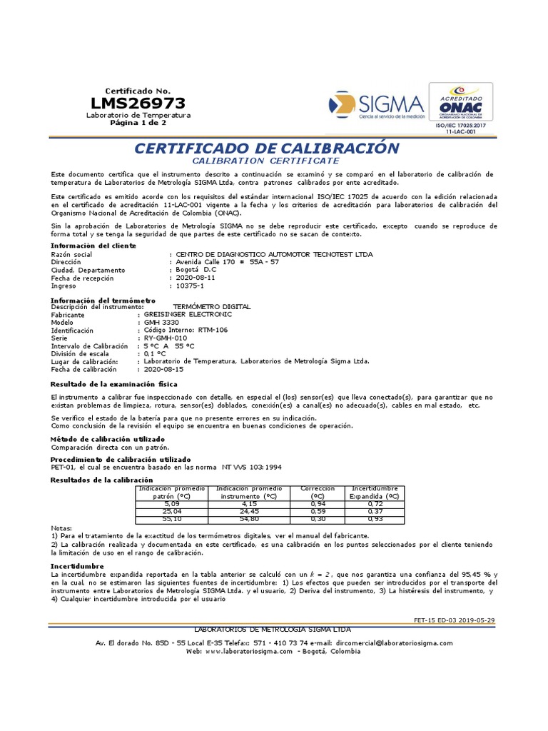 Certificado Termohigrometro Temp PDF Ok | PDF | Calibración | Metrología
