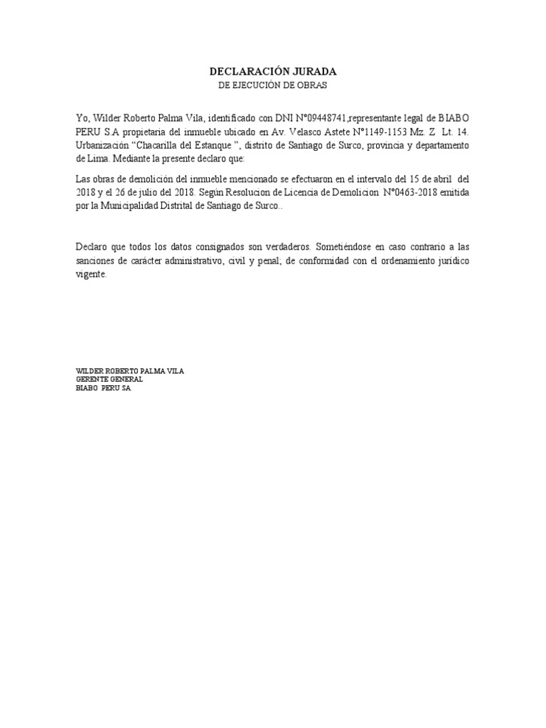 Declaración Jurada Inicio de Obras | PDF