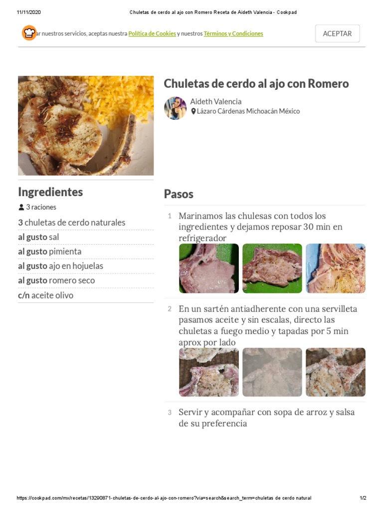 Receta de chuletas de cerdo marinadas con ajo y romero | PDF