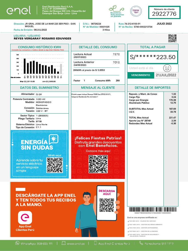 Recibo Enel | PDF | Apelación | Electricidad