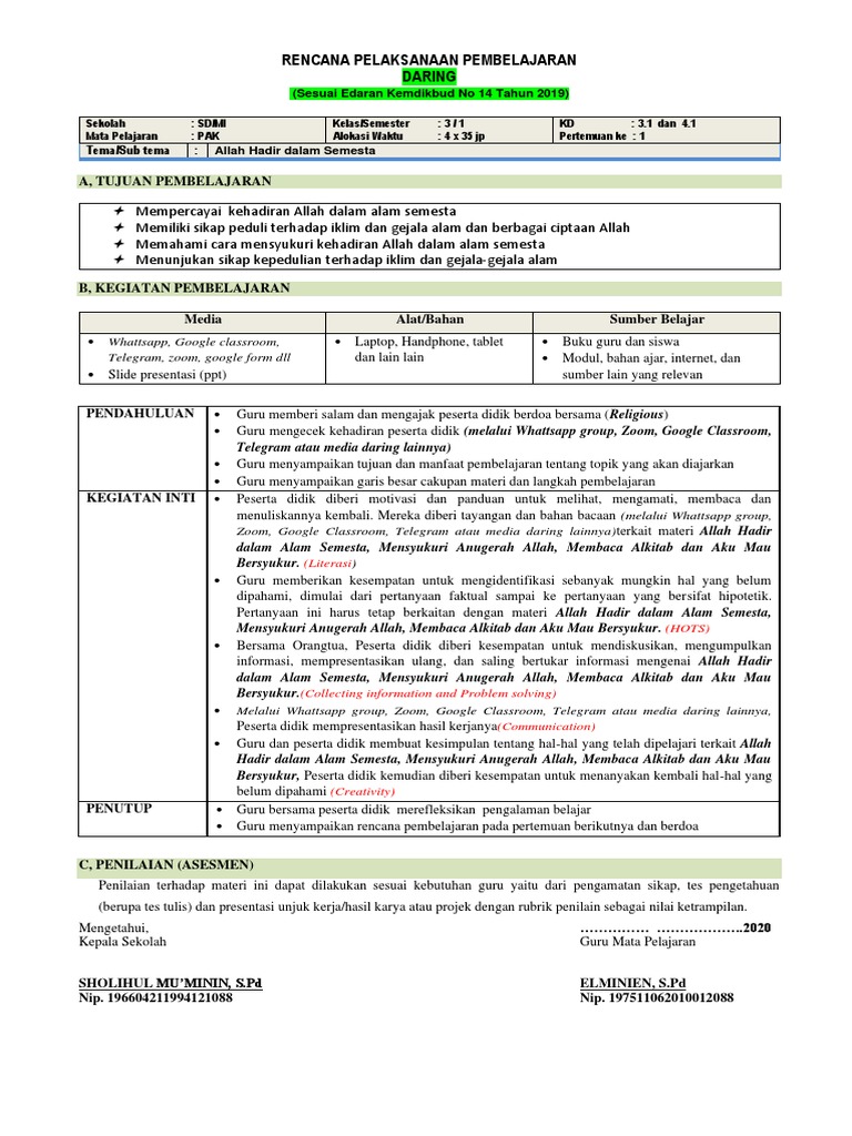 RPP Daring Agama Kristen Kelas 3 SD Mi | PDF
