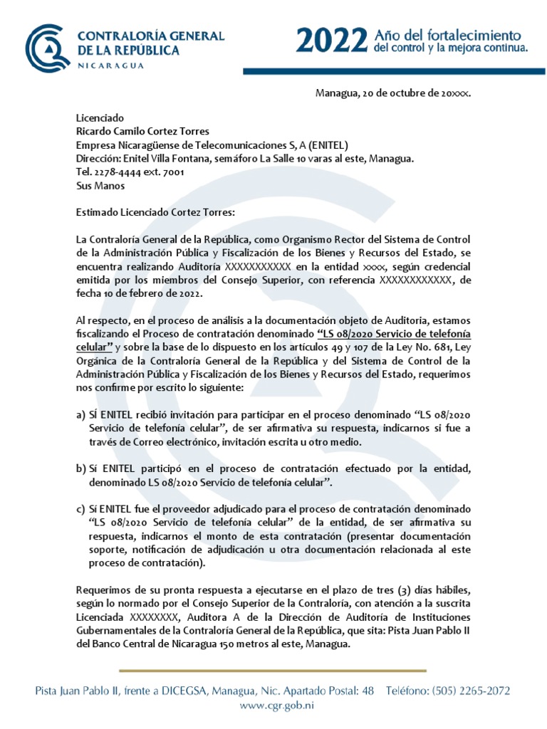 Solicitud de información a ENITEL sobre proceso de contratación de ...