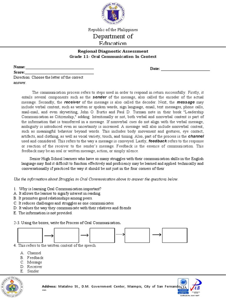 Grade 11 Oral Communication Assessment | PDF | Communication | Human ...