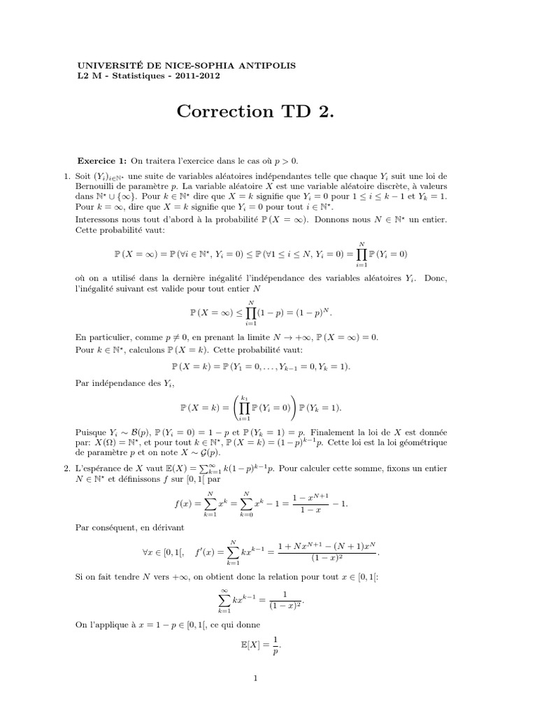 Correction TD 2.: I I N I | PDF | Probabilité | Mesure (mathématiques)