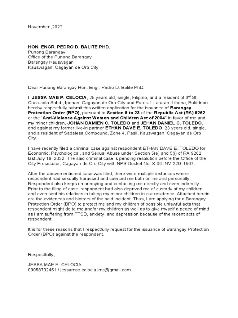 Application For Barangay Protection Order (BPO) | PDF