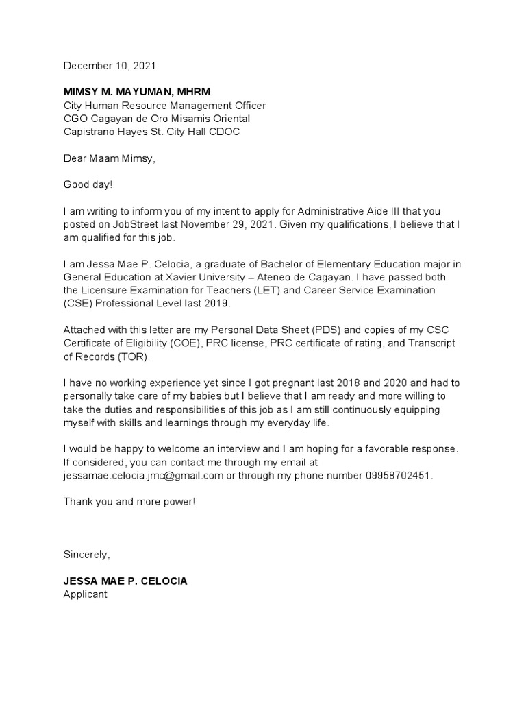 Application Letter For Administrative Aide | PDF