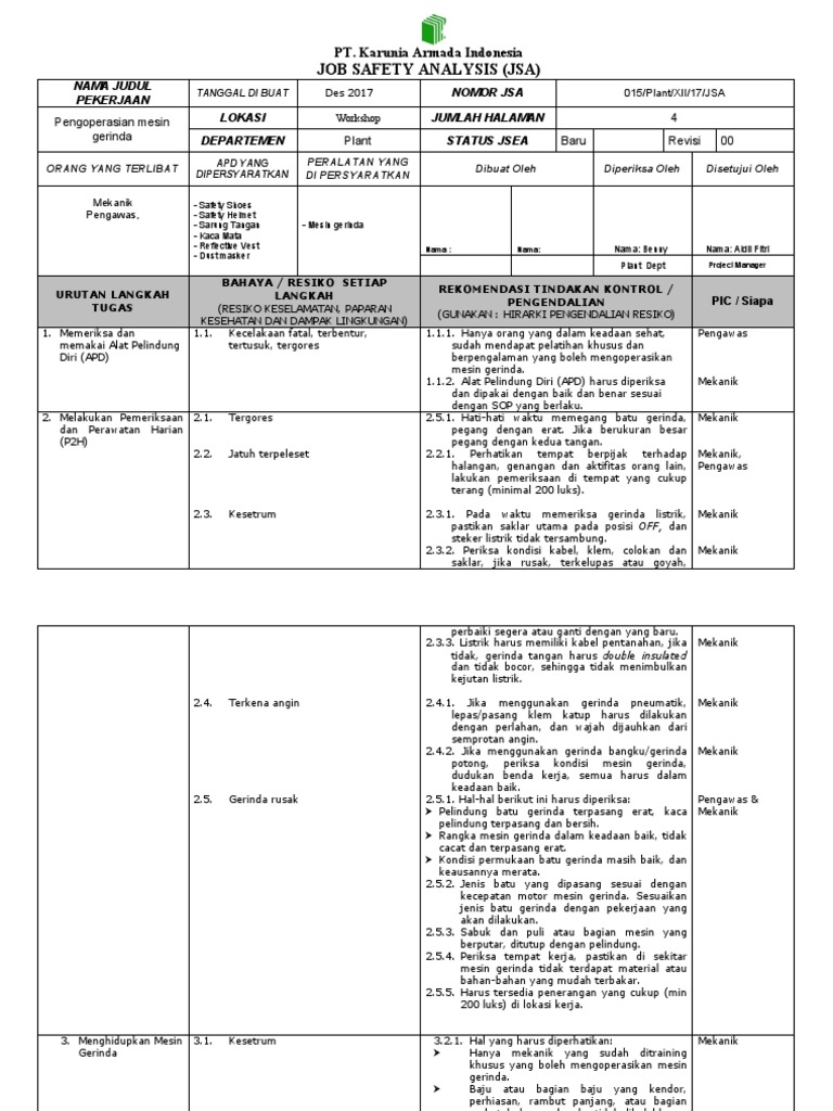 JSA Penggunaan Mesin Gerinda | PDF