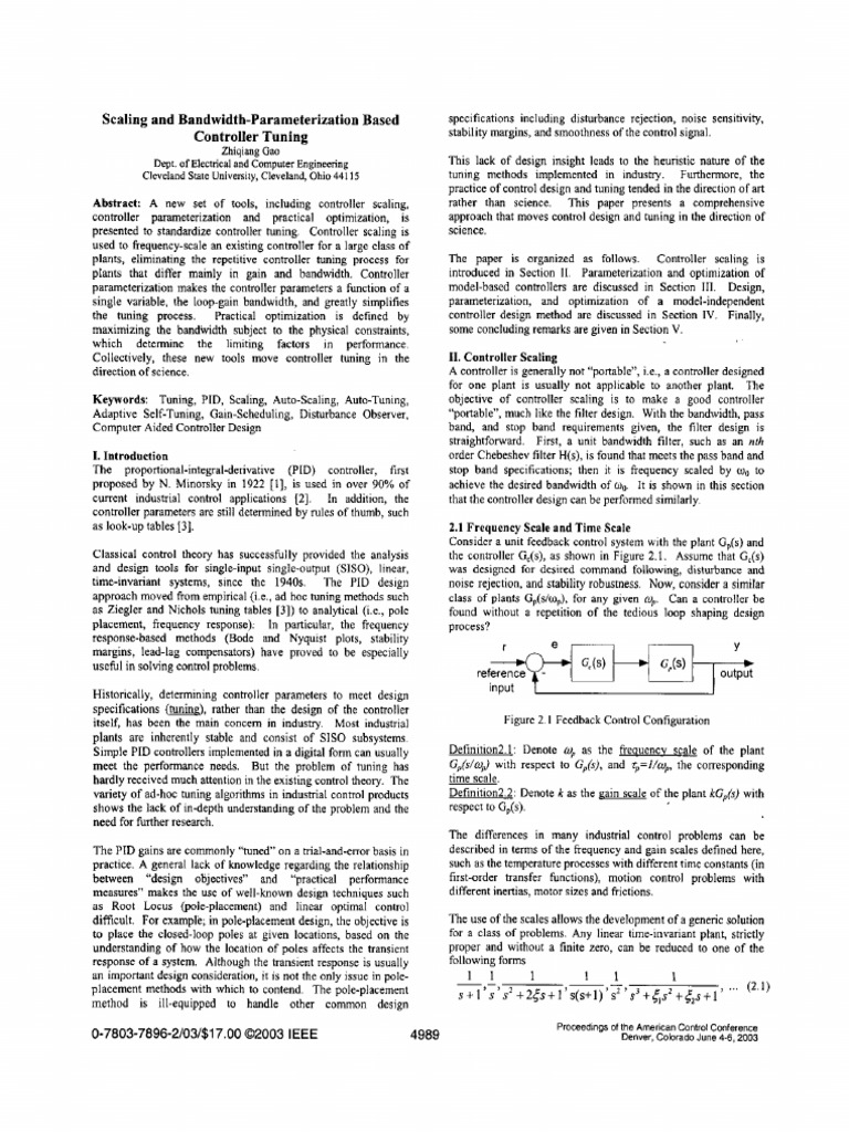 Scaling and Bandwidth-Parameterization Based Controller Tuning | PDF | Control Theory ...